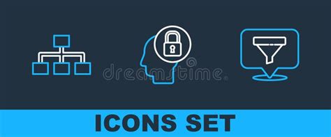 Set Line Location With Sales Funnel Hierarchy Organogram Chart And Human Head Lock Icon Vector