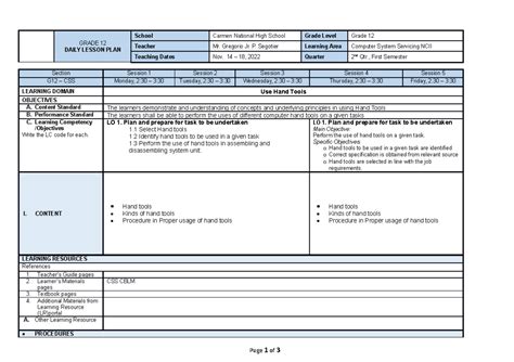 Lesson Plan In Css Ncii Week 5 Grade 12 Daily Lesson Plan School