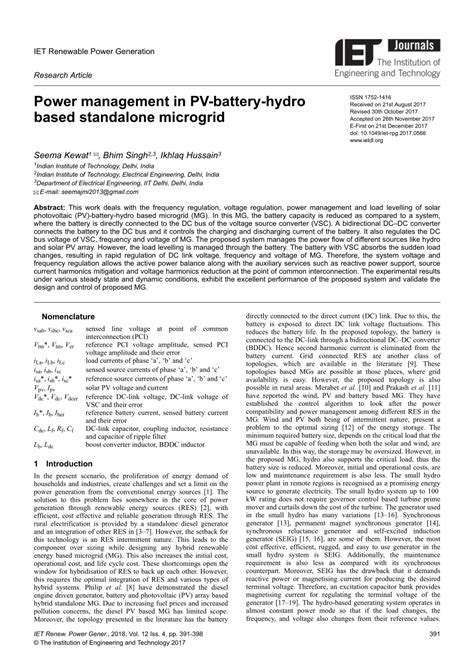 PDF Power Management In PV Battery Hydro Based Standalone Microgrid