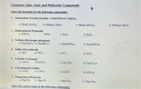 Solved Chemistry Quiz Ionic And Molecular Compounds Select The