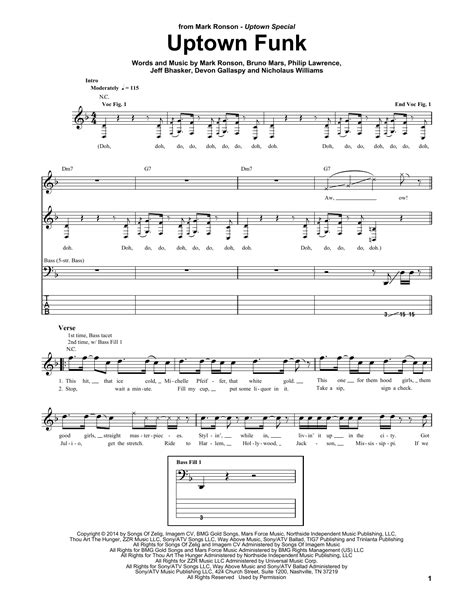 Uptown Funk Feat Bruno Mars By Mark Ronson Sheet Music For Bass