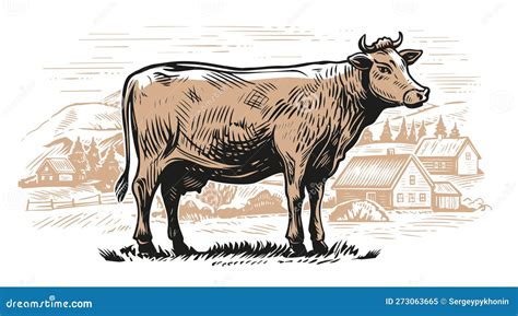 Cow Grazing In A Farmland Village Rural Landscape Engraving Sketch