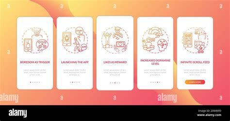 How Social Media Addiction Works Onboarding Mobile App Page Screen With Concepts Stock Vector