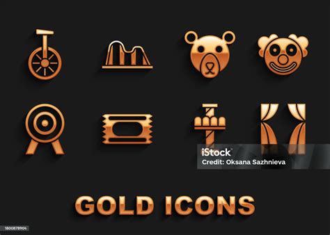 서커스 티켓 광대 머리 커튼 올리기 어트랙션 회전 목마 대상 곰 외발 자전거 또는 한 바퀴 자전거 및 롤러 코스터 아이콘을 설정합니다 벡터 1에 대한 스톡 벡터 아트 및