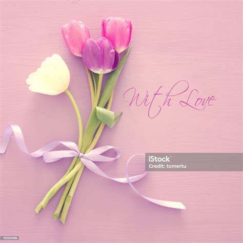 파스텔 나무 배경 위에 분홍색과 흰색 튤립 꽃다발 최고의 볼 수 있습니다 국제 여성의 날 개념입니다 결혼식에 대한 스톡 사진 및