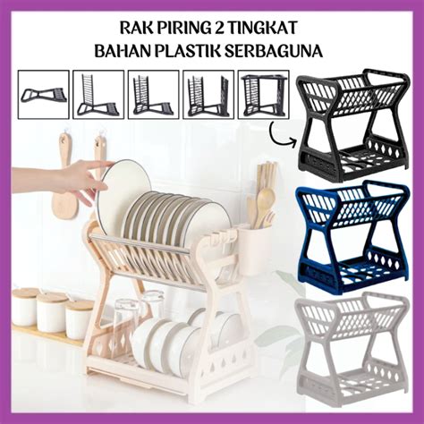 Rak Piring Plastik 2 Susun Wadah Tempat Pengering Cucian Mangkok Gelas Serbaguna Dish Drying