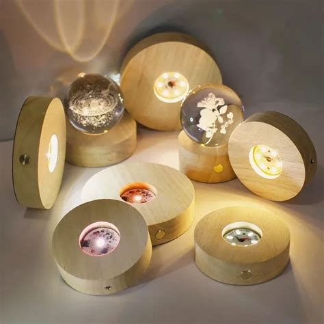 8cm Wooden Led Light With Usb Plug In Display Base Round Wooden Stand