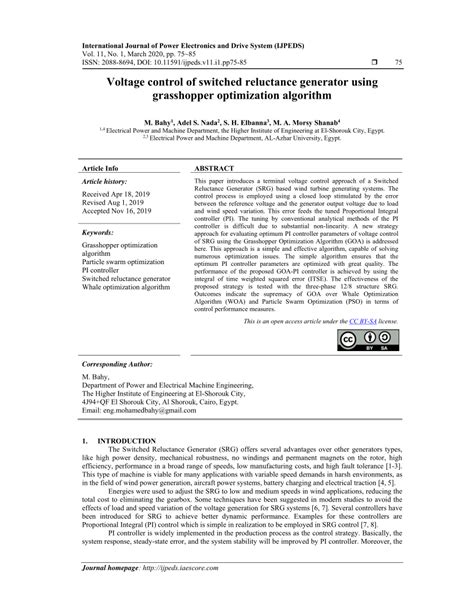 Pdf Voltage Control Of Switched Reluctance Generator Using Grasshopper Optimization Algorithm
