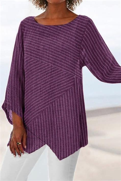 Stripe Print Crew Neck Long Sleeves Blouse CurveDream