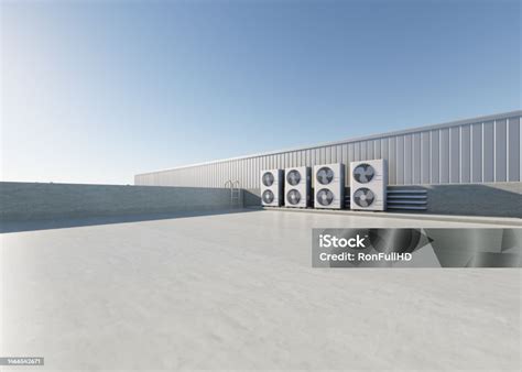 산업 플랜트 공장의 옥상에 있는 응축기 장치 또는 압축기의 3d 렌더링 Ac 또는 에어컨 Hvac 또는 난방 환기 및 에어컨