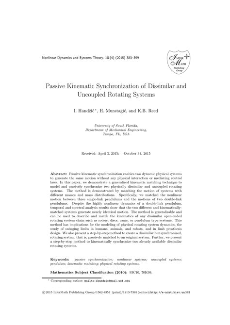 Pdf Passive Kinematic Synchronization Of Dissimilar And Uncoupled