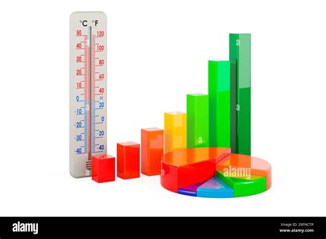 Thermometer With Growth Bar Graph And Pie Chart 3d Rendering Isolated On White Background Stock
