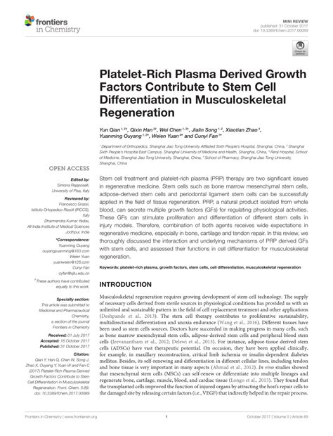 Pdf Platelet Rich Plasma Derived Growth Factors Contribute To Stem