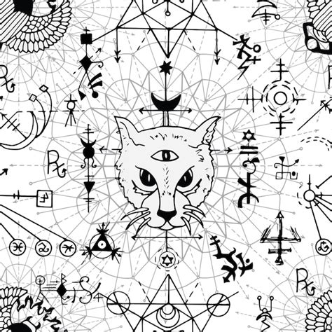 Premium Vector Seamless Pattern With Cat And Mysterious Symbols