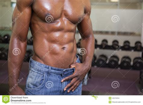 Mid Section Of A Shirtless Muscular Man In Gym Stock Photo Image Of