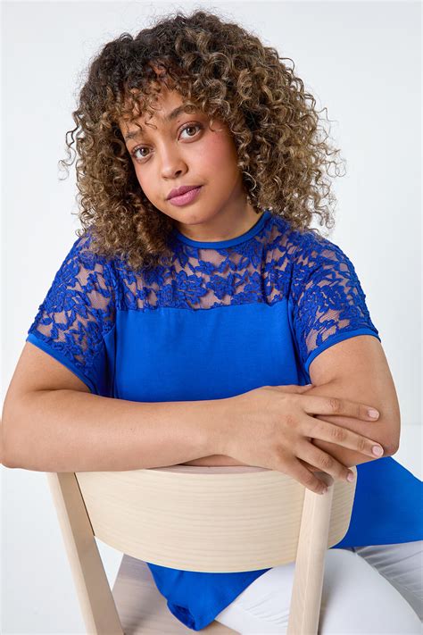 Royal Blue Curve Lace Yoke Stretch Jersey Top Roman Uk