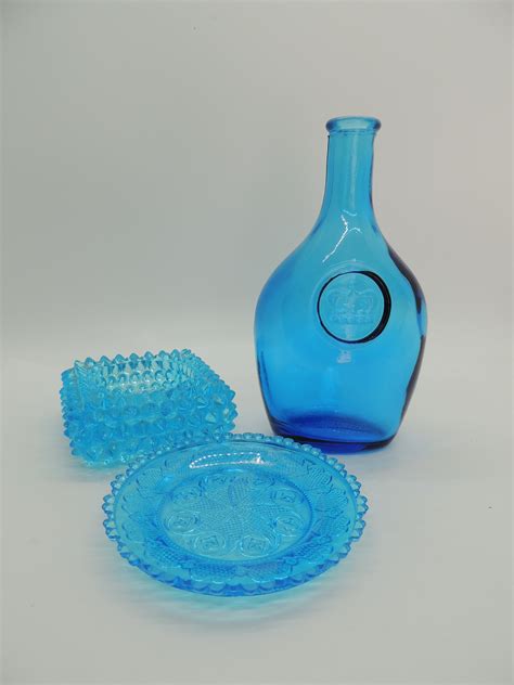 Vintage Lot Of Blue Glass Wheaton Blue Glass Vase Hobnail Etsy