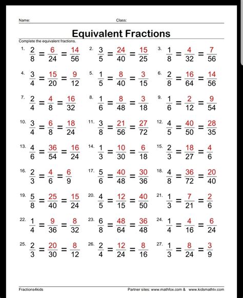 Answers To Equivalent Fractions