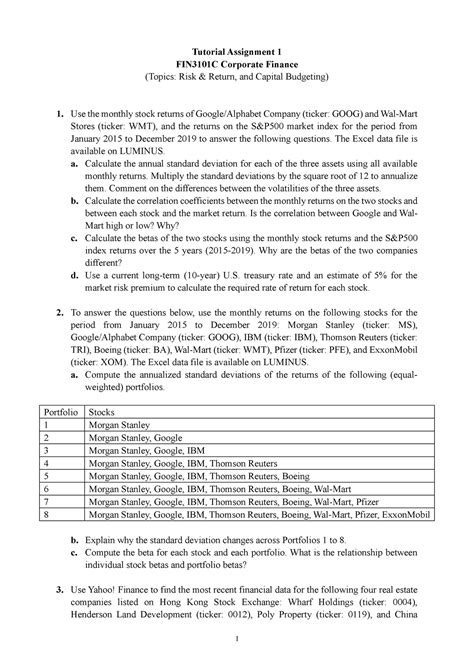 FIN3701C Tutorial 1 2020 Tutorial Assignment 1 FIN3101C Corporate Finance Topics Risk