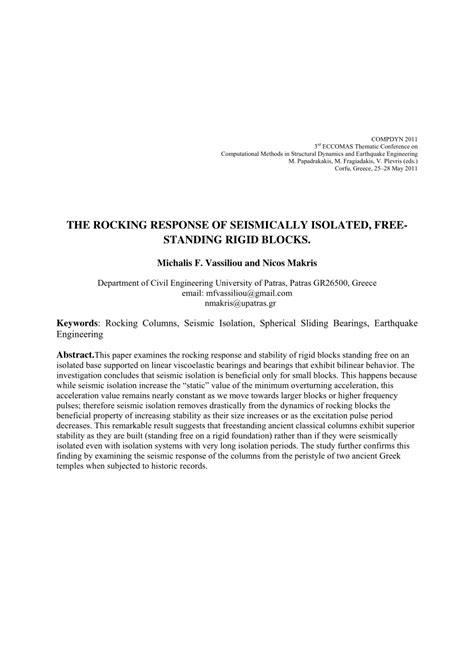 Pdf The Rocking Response Of Seismically Isolated Free Standing Rigid Blocks