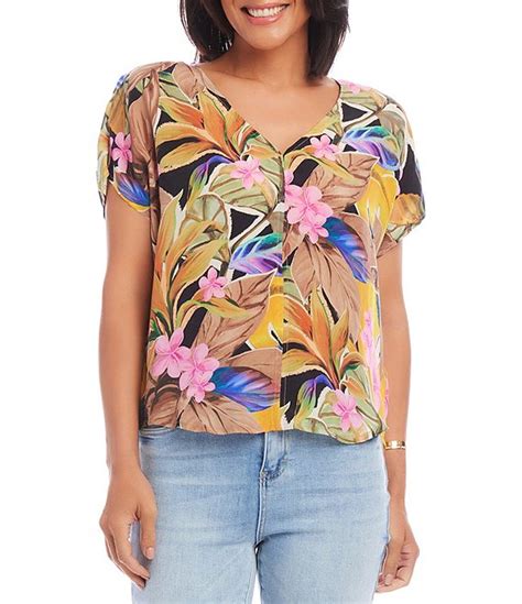 Karen Kane Tropical Print Woven V Neck Short Dolman Sleeve Top Dillards