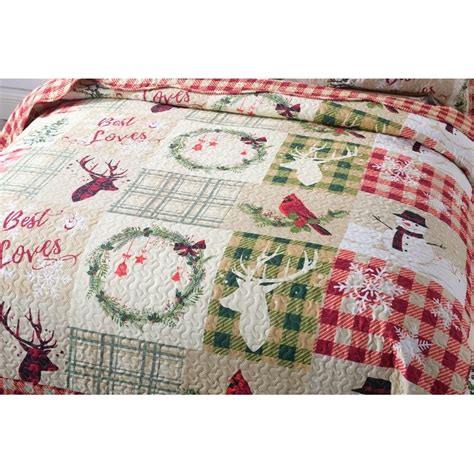 Rustic Patchwork Christmas Quilt Bedspread Set King Size Winter