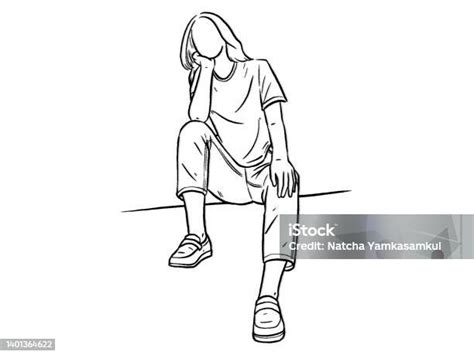 한 여성이 무릎을 구부리고 하얀 바탕에 턱 캐릭터에 손을 얹고 앉습니다 손으로 그린 스타일 벡터 디자인 일러스트레이션 스케치에 대한 스톡 벡터 아트 및 기타 이미지 Istock