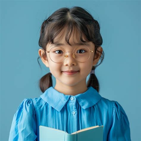 Premium Photo A Girl Wearing Glasses Holds A Book With A Blue Background