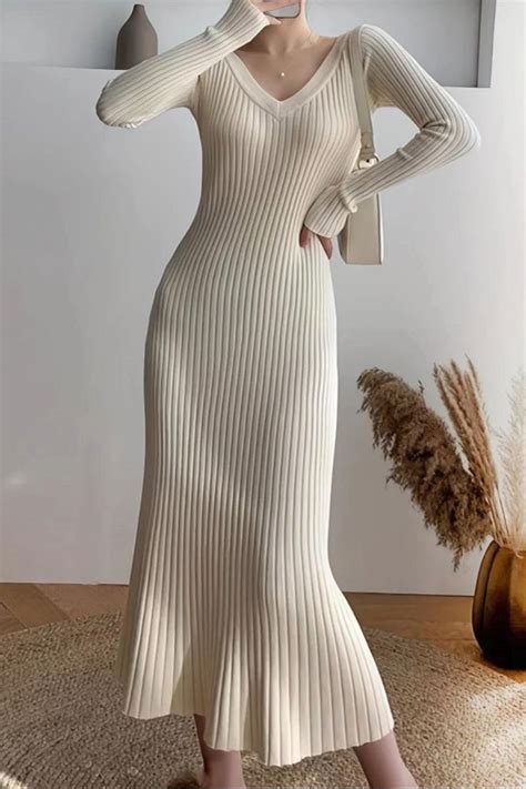 Ribbed Solid Sweater Dress Casual V Neck Long Sleeve Dress Womens