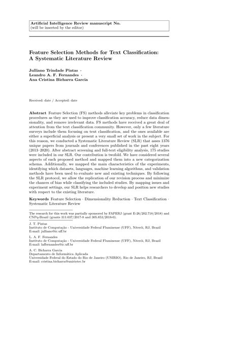 pdf feature selection methods for text classification a systematic