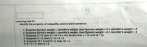solved leaming task 1 identify the property of inequality used in