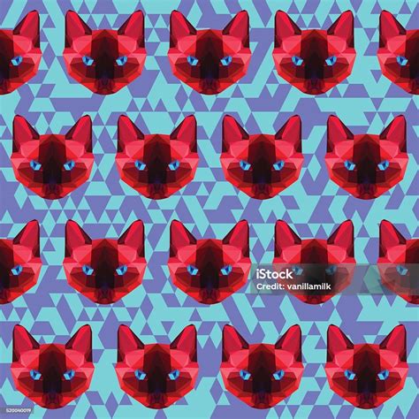 밝은 적색 및 청색 채색기법 다각형 샴고양이 패턴 배경기술 가정 생활에 대한 스톡 벡터 아트 및 기타 이미지 가정 생활