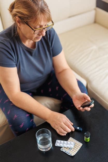 Premium Photo Woman Measures Blood Sugar Glucose Meter Diabetes Concept Notebook For Writing