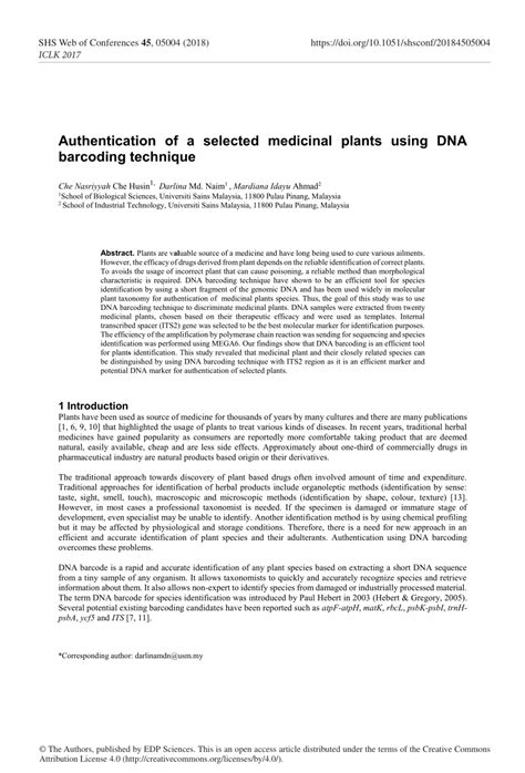 Pdf Authentication Of A Selected Medicinal Plants Using Dna Barcoding