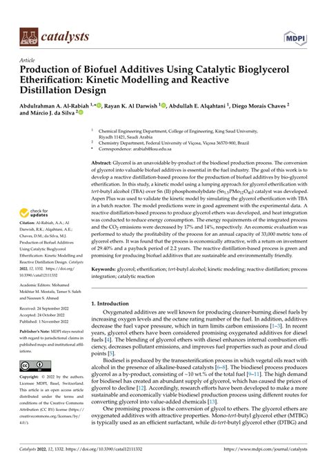 PDF Production Of Biofuel Additives Using Catalytic Bioglycerol