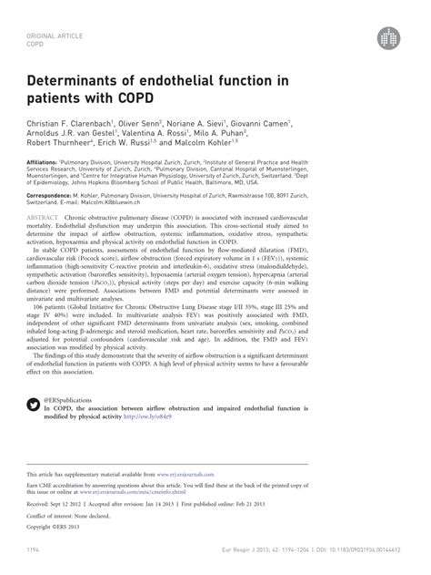 Pdf Determinants Of Endothelial Function In Patients With Copd