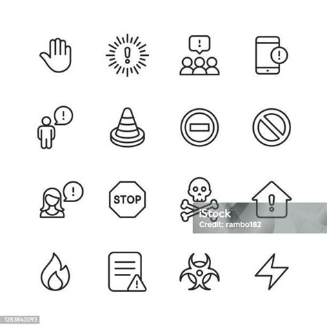 경고 및 위험 선 아이콘 편집 가능한 스트로크 픽셀 완벽한 모바일 및 웹용 경고 기호 위험 경고 사고 주의 중지 통신 컴퓨터 바이러스 해커 신원 도둑 생물학적 위험 보호