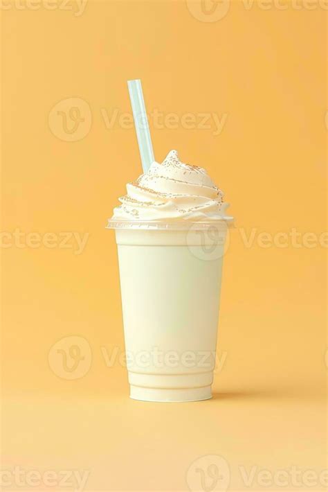 Vanilla Milkshake In Plastic Takeaway Cup Isolated On Pastel Background