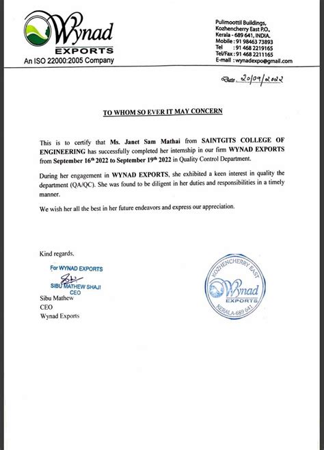Janet Sam Mathai On Linkedin Completed Internship In Wynad Exports Kozhencherry This Company