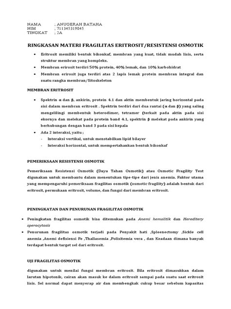 2a Anugerah Bataha Hematologi 2 Ringkasan Fragilitas Eritrosit Pdf
