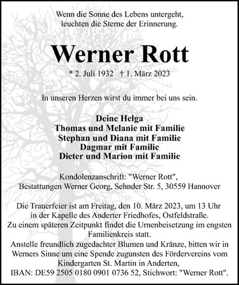 Traueranzeigen Von Werner Rott Trauer Anzeigen De