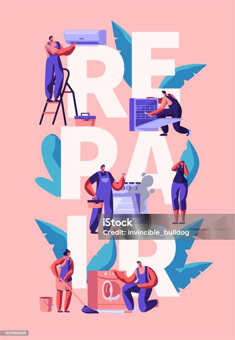 노동자 캐릭터 수리 홈 장비 포스터입니다 남자 도구 수정 에어컨 식기 세척기 스토브 세탁기 기술적 개선 혁신 평면 만화 벡터 일러스트 수리에 대한 스톡 벡터 아트 및 기타