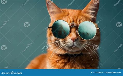 Ginger Cat Wearing Sunglasses On A Blue Background Close Up Stock