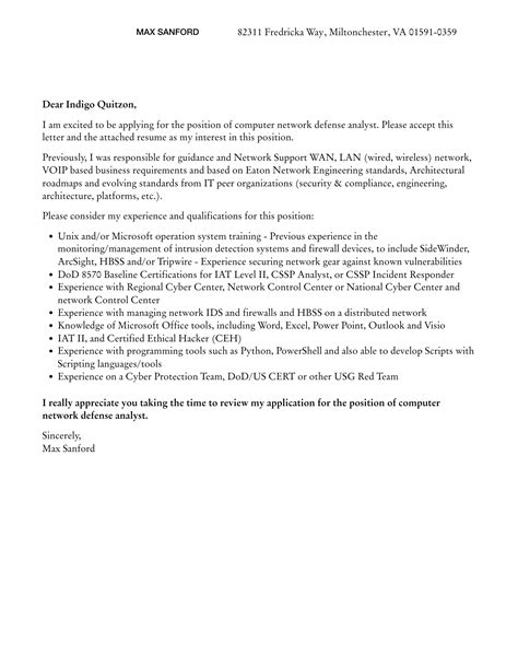 Computer Network Defense Analyst Cover Letter Velvet Jobs
