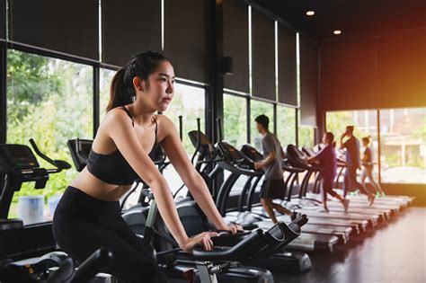 체육관에서 운동 자전거로 운동복을 착용하고 훈련을하는 젊은 백인 여성 러닝머신에 대한 스톡 사진 및 기타 이미지 러닝머신 25 29세 가냘픈 Istock