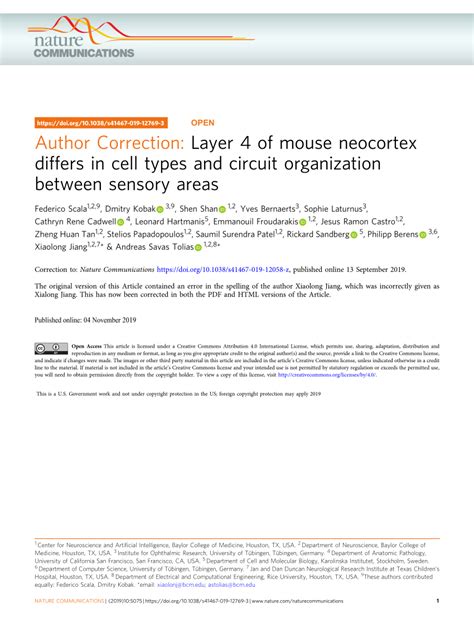 Pdf Author Correction Layer 4 Of Mouse Neocortex Differs In Cell Types And Circuit