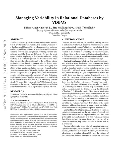 Pdf Managing Variability In Relational Databases By Vdbms