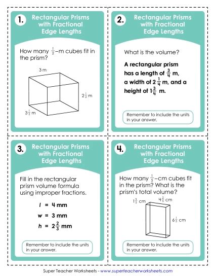 Task Cards Volume Of Rectangular Prisms Fractional Edge Lengths And Unit Cubes Printable