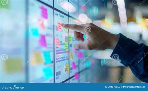 Agile Software Development Scrum Methodology Boards Workflow Finger Touching Virtual Interface