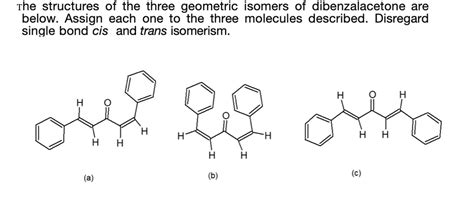 SOLVED: The structures of the three geometric isomers of dibenzalacetone are below. Assign each ...
